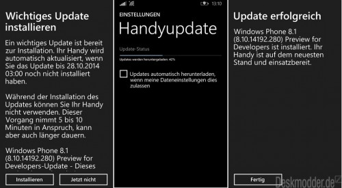 Windows Phone Developer Preview mit einem Update auf 8.10.14192.280 - Deskmodder.de