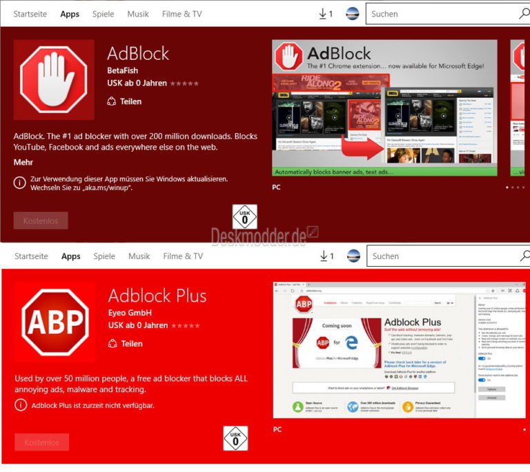 Adblock und Adblock Plus für den Edge stehen zum Download bereit ...