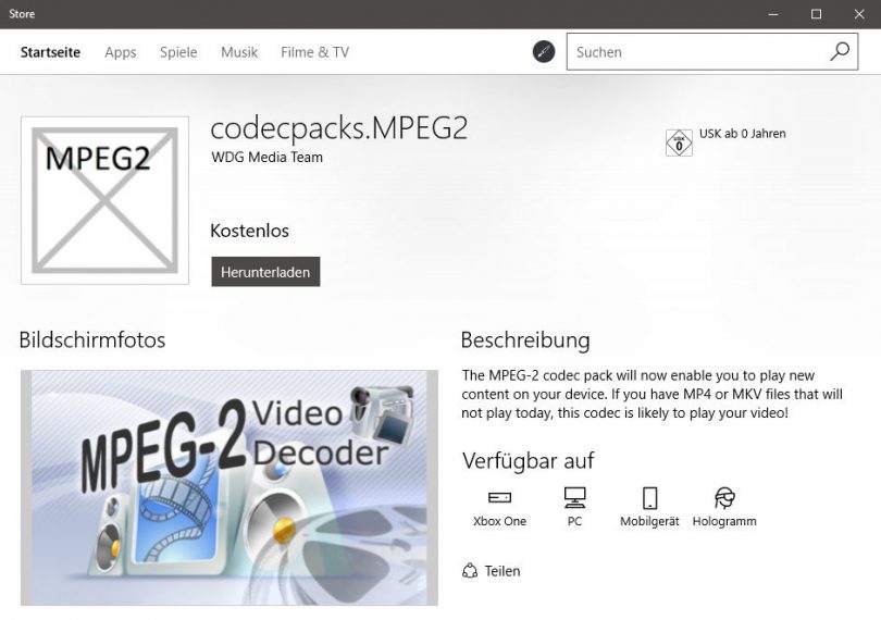 codecpacks.MPEG2 als App im Windows Store für die Insider für Windows ...