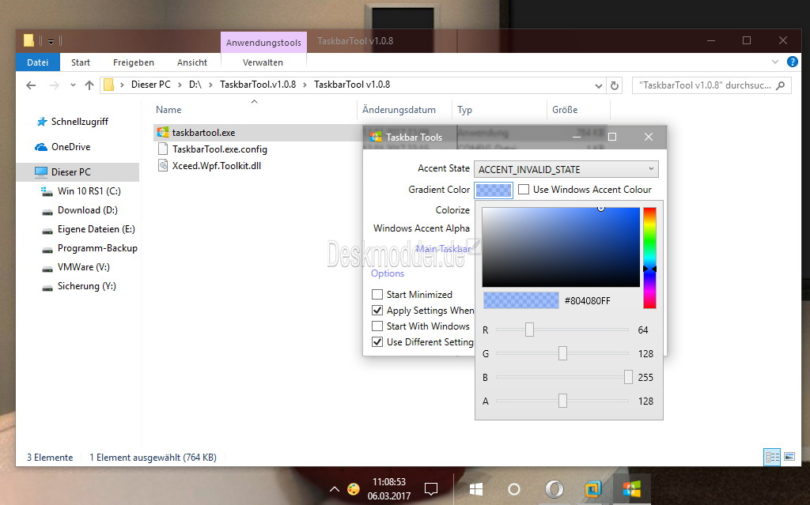 TaskbarTools Taskleiste anders färben, oder transparent(er) machen Windows 10 - Deskmodder.de