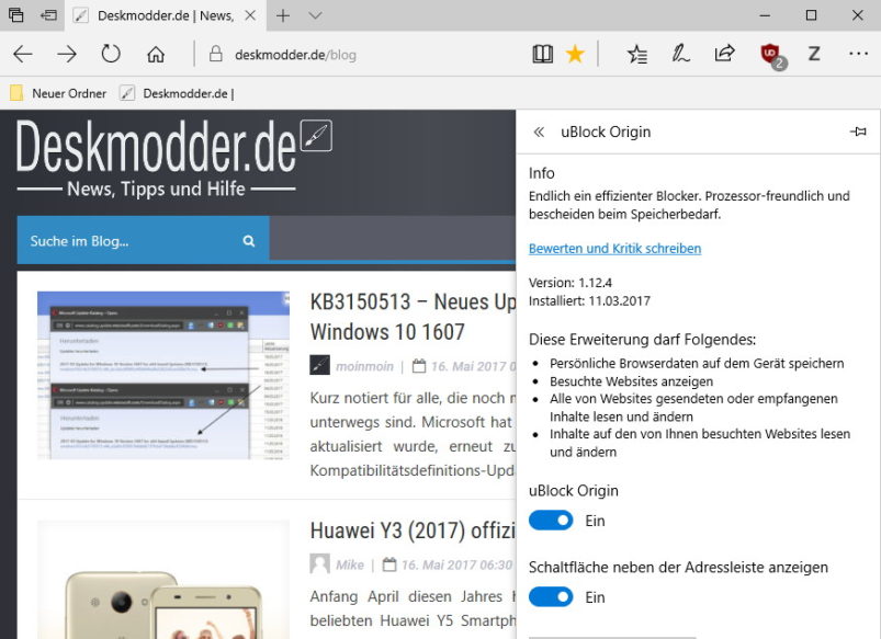 uBlock Origin als Microsoft Edge Erweiterung mit einem Update ...