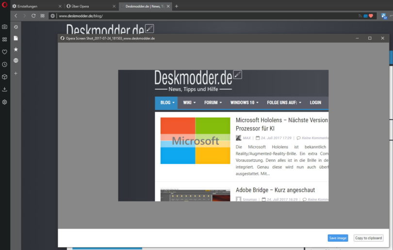 Opera 48 nun mit einem Screen Capture Tool (Bildschirmausschnitt ...