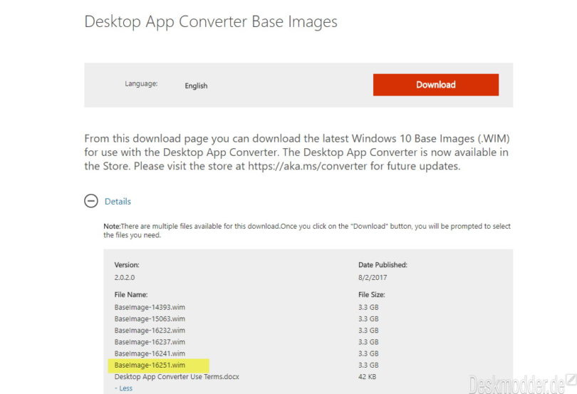 Desktop App Converter Base Image 16251.wim steht zum Download bereit ...