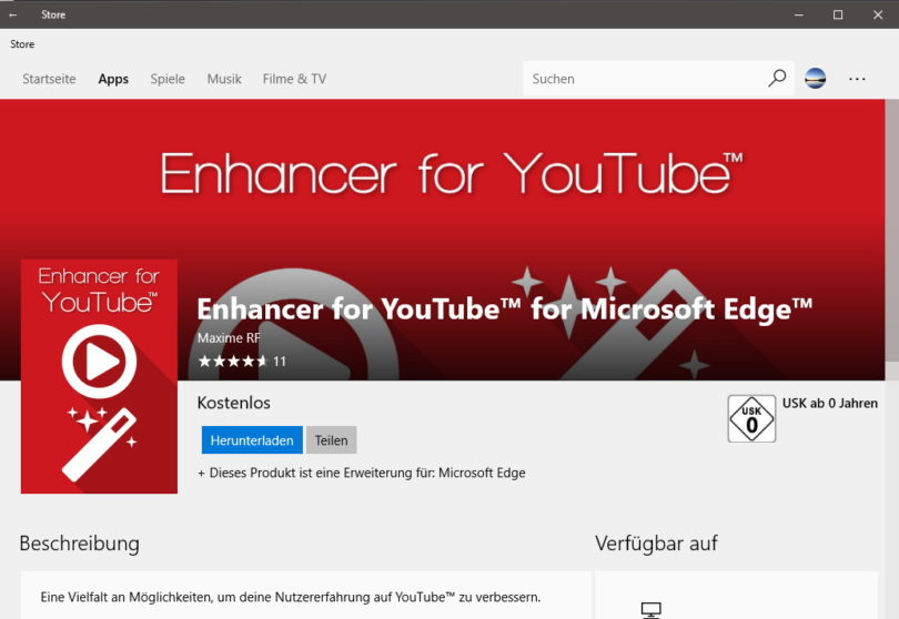 Microsoft Edge: Enhancer for YouTube derzeit aus dem Windows Store ...