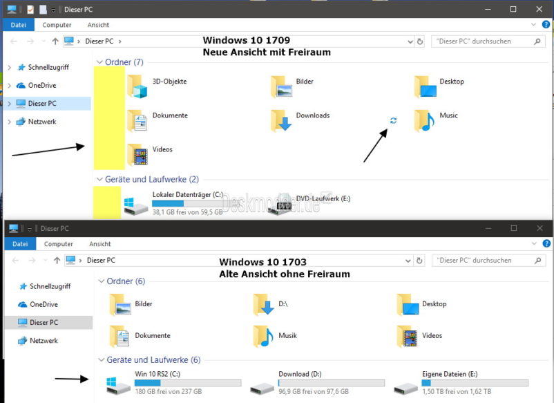 Windows 10 1709 - Dieser PC mit leerem Bereich vor Festplattenicon und ...