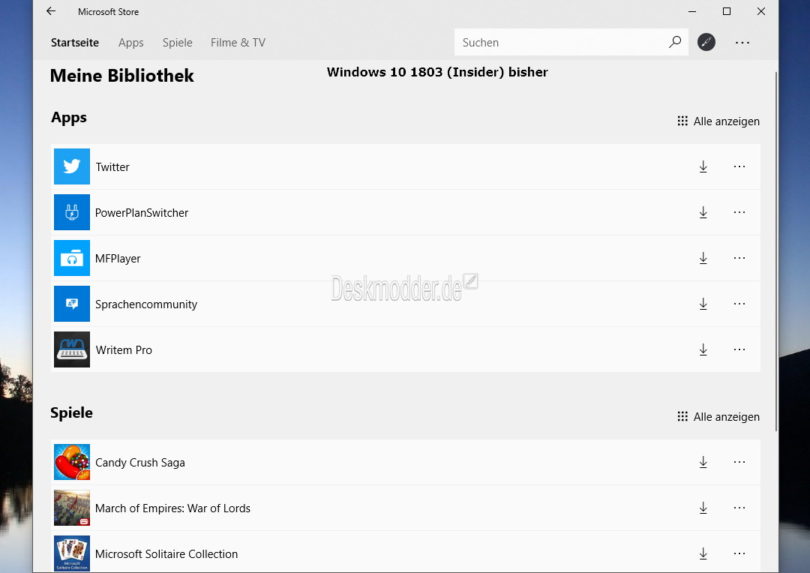 Microsoft Store App nun mit Filter in "Meine Bibliothek" in der 11712. ...
