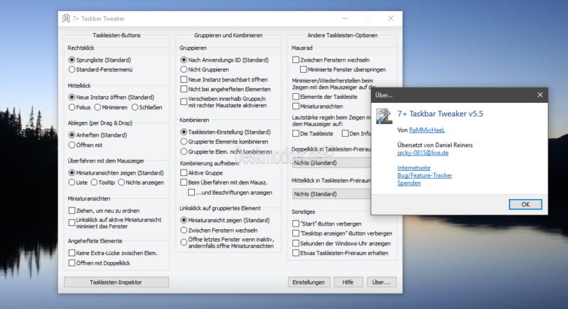 7+ Taskbar Tweaker 5.5.0 nun auch für Windows 10 1803 - Deskmodder.de
