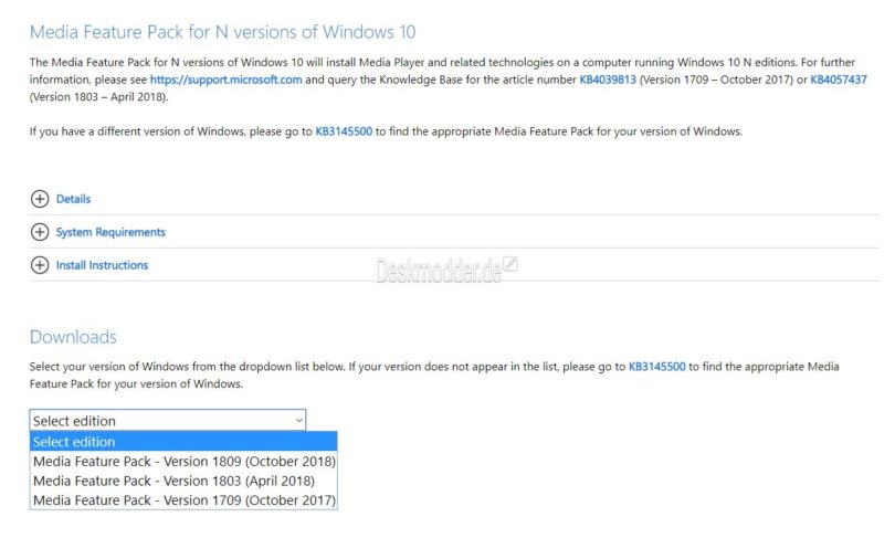 Media Feature Pack Windows 10 1809 (17763) für die N-Versionen sind ...