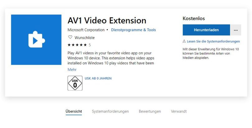 AV1 Video Erweiterung steht im Microsoft Store zum Download bereit ...