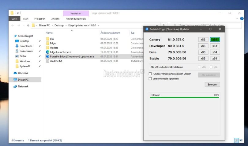 Portabler Microsoft Edge (Chromium) Updater für Canary, Developer, Beta ...