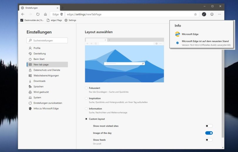 Microsoft Edge (Chromium) Layout auswählen nun direkt in den ...