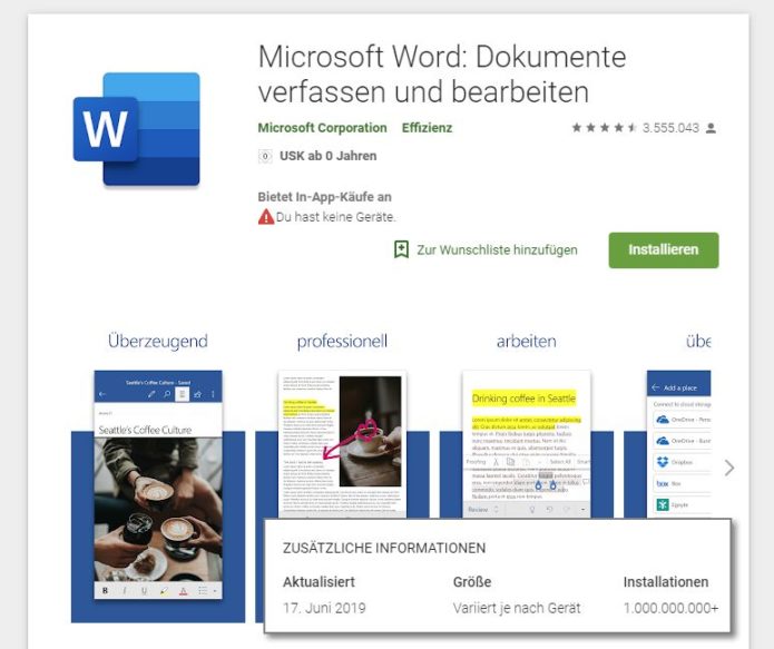 Android: Microsoft Word App mit über 1 Milliarde Installationen ...