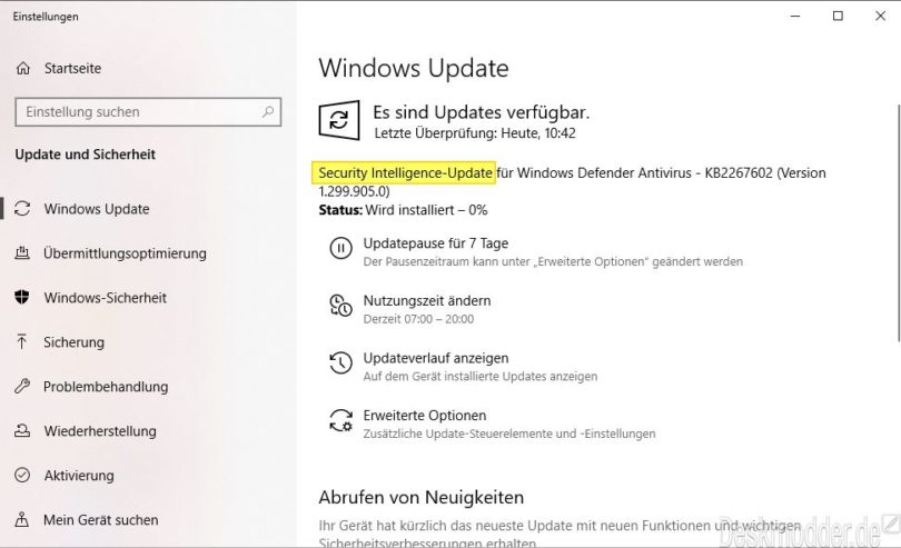 Security Intelligence-Update für Windows Defender anstatt ...