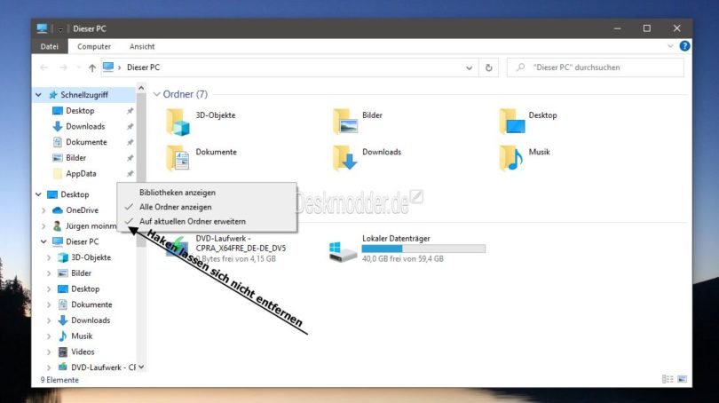 Windows 10 20H1 - Datei Explorer Alle Ordner anzeigen Haken lassen sich ...