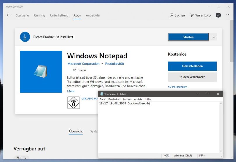 Windows Notepad 10.1908.1.0. mit erstem Update und Store Link ...