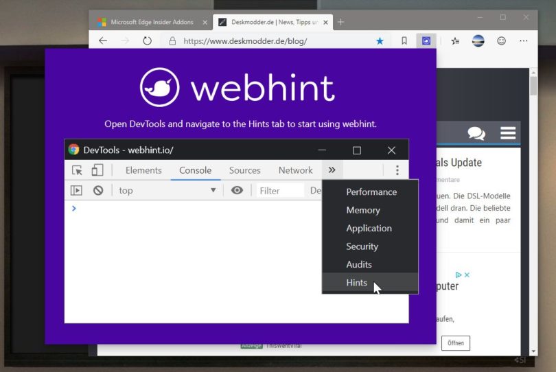 Webhint Browser-Erweiterung für Google Chrome (Chromium), Microsoft ...