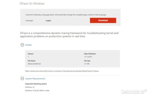 DTrace nun auch für Windows 10 20H1 ab Version 19005 - Deskmodder.de