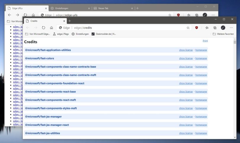 Microsoft Edge edge://flags edge://version .... - Die Liste der Edge ...