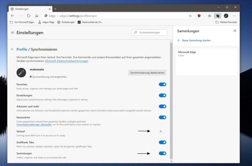 Microsoft Edge Sammlungen in der Synchronisation und Verlauf kommt bald - Deskmodder.de