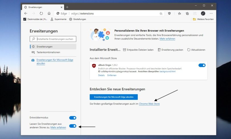 Microsoft Edge Erweiterungen: Link zum Google Web Store wurde ...