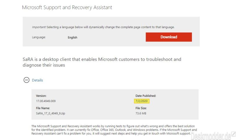 Microsoft Support and Recovery Assistant (SaRA) wurde aktualisiert ...