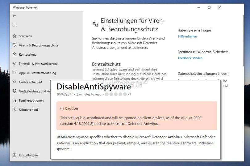 DisableAntiSpyware Eintrag wird vom Microsoft Defender ab August 2020 ignoriert - Deskmodder.de