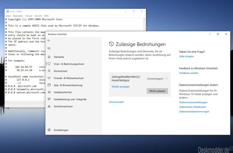 hosts Datei mit blockierten Microsoft URLs werden vom Defender als ...