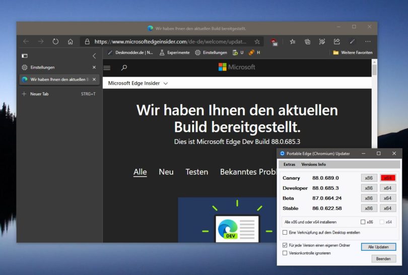 Microsoft Edge 88.0.685.3 im Dev Kanal Vertikale Tabs werden nach und nach ausgerollt ...