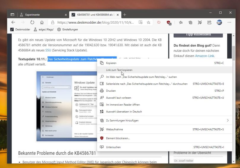 Microsoft Edge integriert "Link zum Text kopieren" nativ im Browser ...