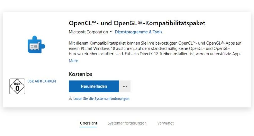 Windows 10 OpenCL und OpenGL Kompatibilitätspaket steht im Microsoft ...