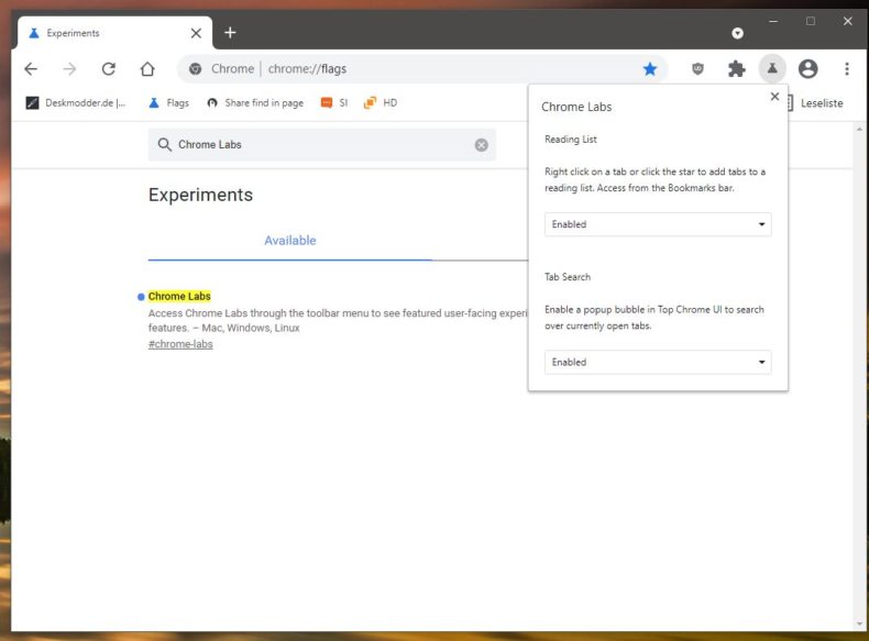 Google Chrome: "Chrome Labs" kann in der Symbolleiste aktiviert werden ...