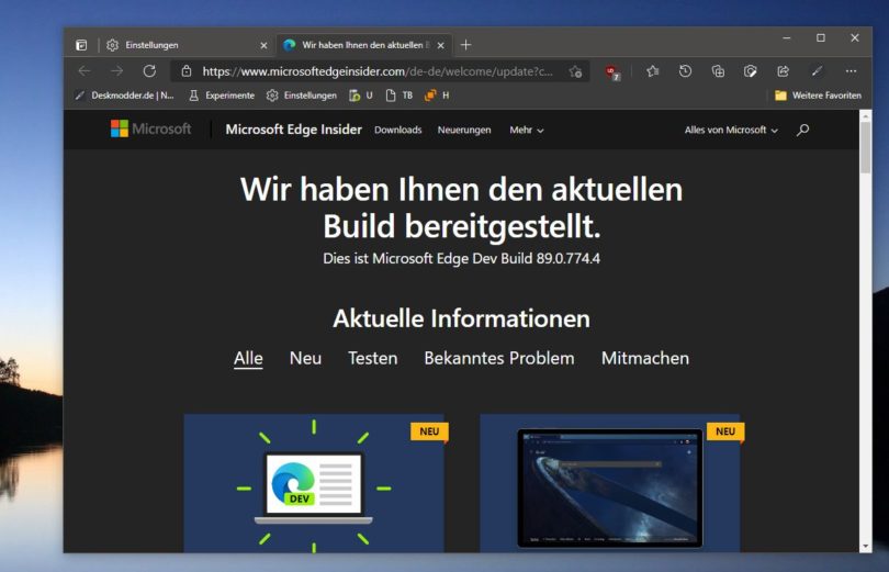 Microsoft Edge 89.0.774.4 im Dev Kanal als letzte Version 89 erschienen ...