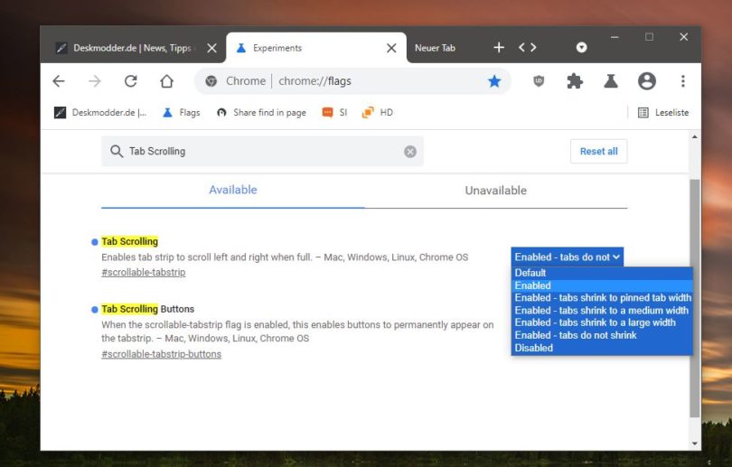 Google Chrome: "Tabs scrollen" nun mit verschiedener Breite der Tabs ...
