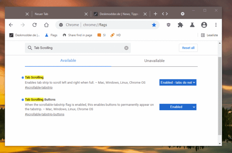 Google Chrome: "Tabs scrollen" nun mit verschiedener Breite der Tabs ...