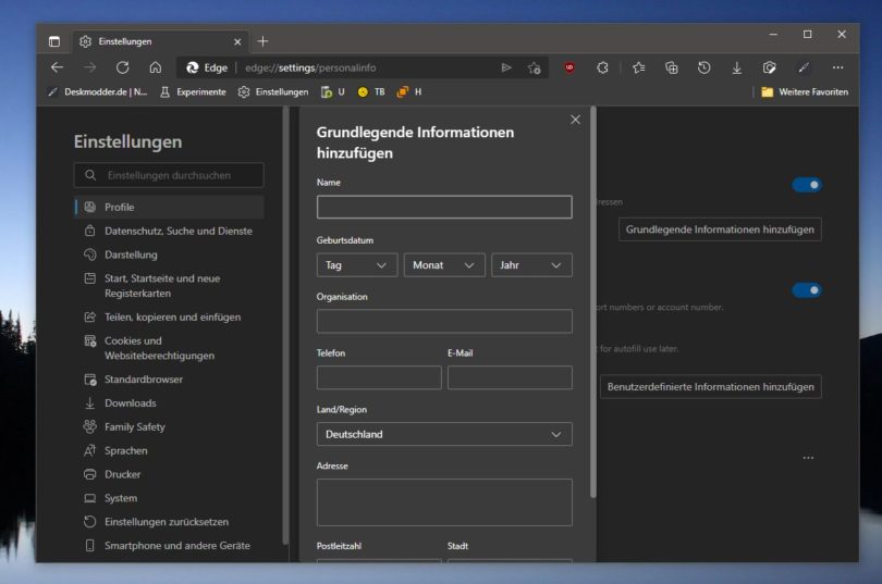 Microsoft Edge Persönliche Informationen und auch Benutzerdefinierte ...