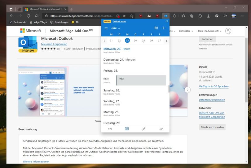 Microsoft Outlook als Erweiterung für Microsoft Edge kann installiert ...