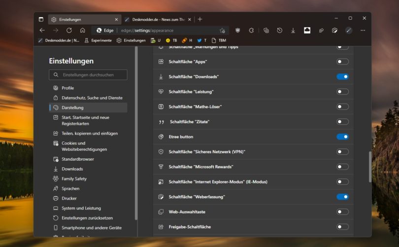 Microsoft Edge mit Drop und eTree (Eco Tree) Schaltflächen - Deskmodder.de