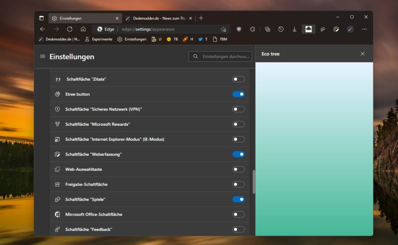 Microsoft Edge mit Drop und eTree (Eco Tree) Schaltflächen - Deskmodder.de