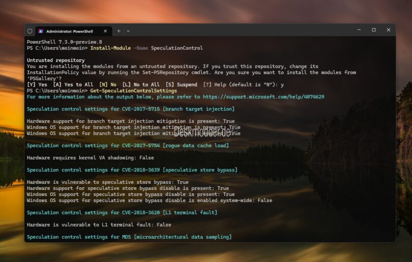 SpeculationControl 1.0.18 - Mit PowerShell den PC auf Anfälligkeiten (Meltdown und Spectre ...