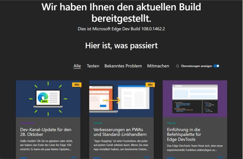 Microsoft Edge 108.0.1462.2 im Dev-Kanal mit Webseite zur Sidebar ...