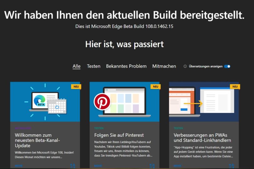Microsoft Edge 107.0.1418.42 als Sicherheitsupdate und 108.0.1462.15 im ...