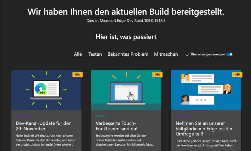 Microsoft Edge 109.0.1518.5 im Dev-Kanal mit neuen Tastenkombinationen ...