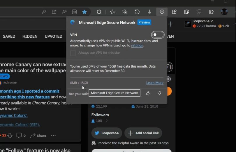 Microsoft Edge Sicheres Netzwerk (VPN) in den Einstellungen vorhanden ...