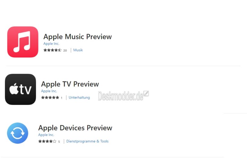 Apple Music, Apple TV und Apple Devices als Preview im Microsoft Store ...