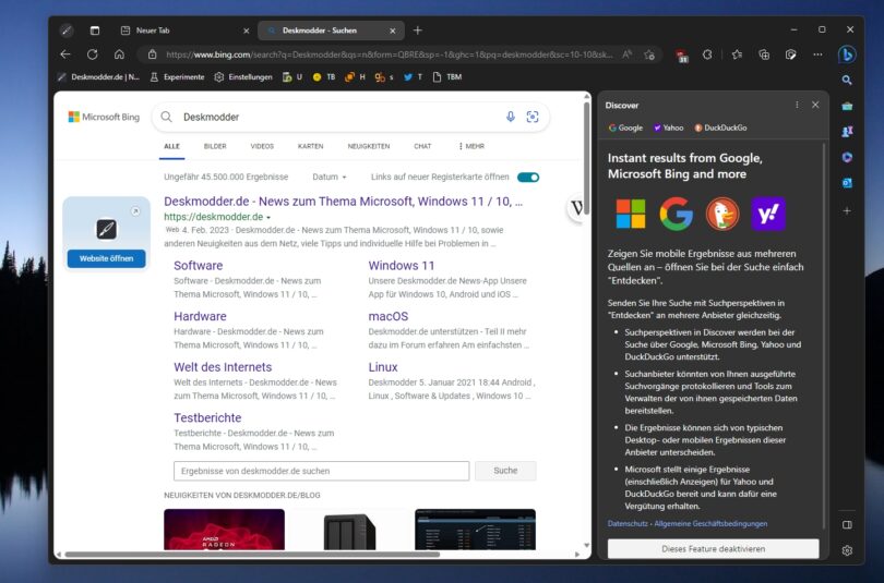 Microsoft Edge: Über Discover gleichzeitig auf Google, DuckDuckGo, Yahoo und Bing suchen ...