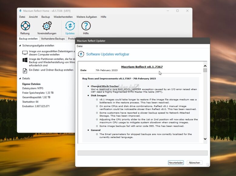 Macrium Reflect 8.1.7367 mit Korrekturen - Version 8.1.7378 hinterher ...