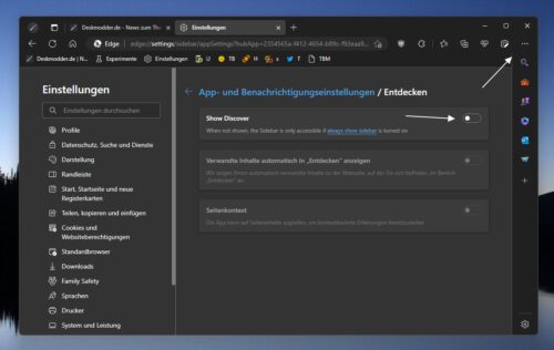 Microsoft Edge Entdecken (Discover) in den Einstellungen ausschalten ...