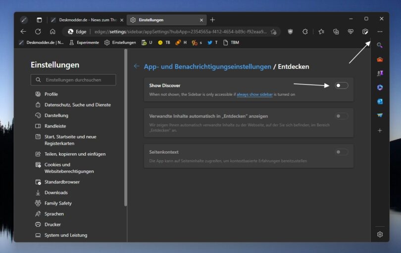Microsoft Edge Entdecken (Discover) in den Einstellungen ausschalten kommt - Deskmodder.de