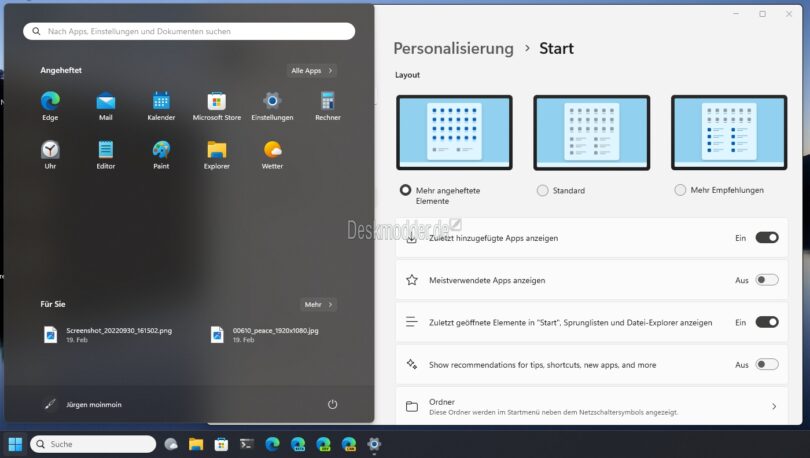 Windows 11 23H2 als "Zink" - Startmenü mit Einstellung für Empfehlungen ...