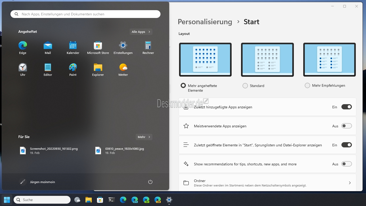 Windows 11 23H2 als "Zink" - Startmenü mit Einstellung für Empfehlungen ...